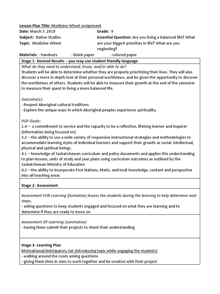 Native Studies Medicine Wheel Lesson Plan 6 | PDF | Lesson Plan ...