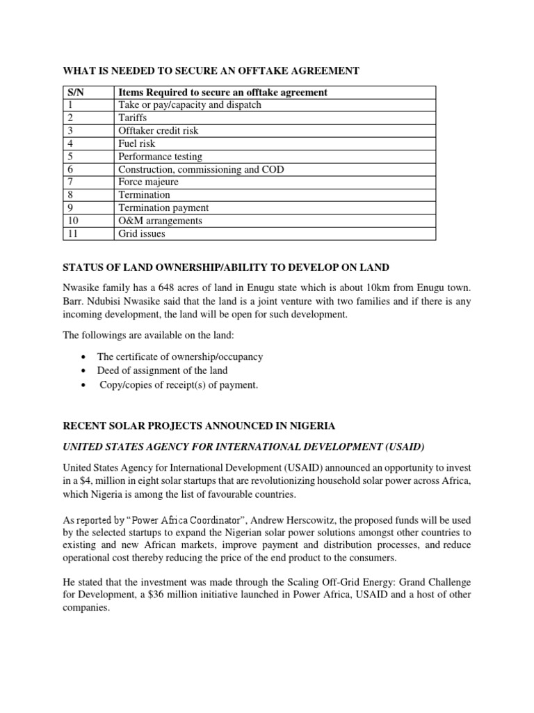 What Is Needed To Secure An Offtake Agreement S/N Items Required To ...