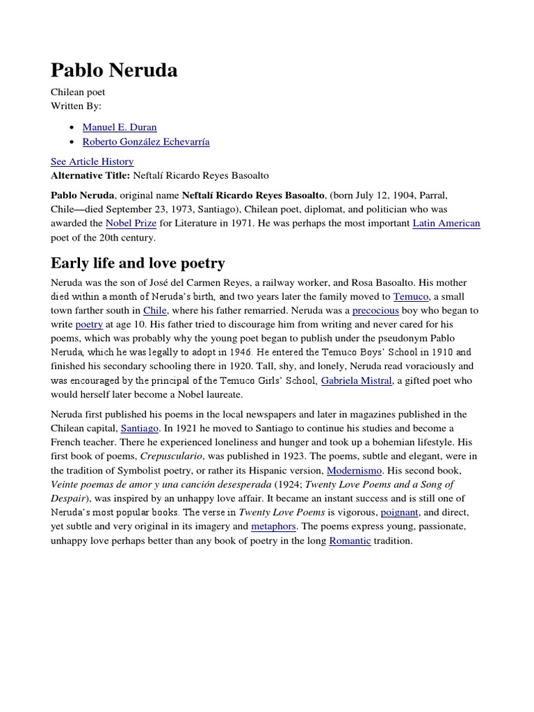 Pablo Neruda Chilean Poet | PDF