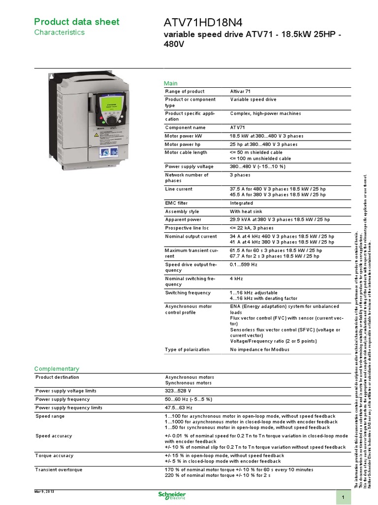 ATV71HD18N4 Schneider Electric | PDF | Electric Motor | Power Supply
