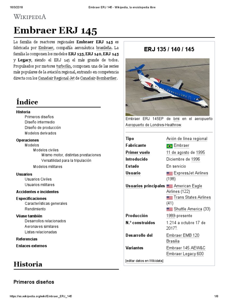 Embraer ERJ 145 - Wikipedia, La Enciclopedia Libre | PDF | Aviación ...