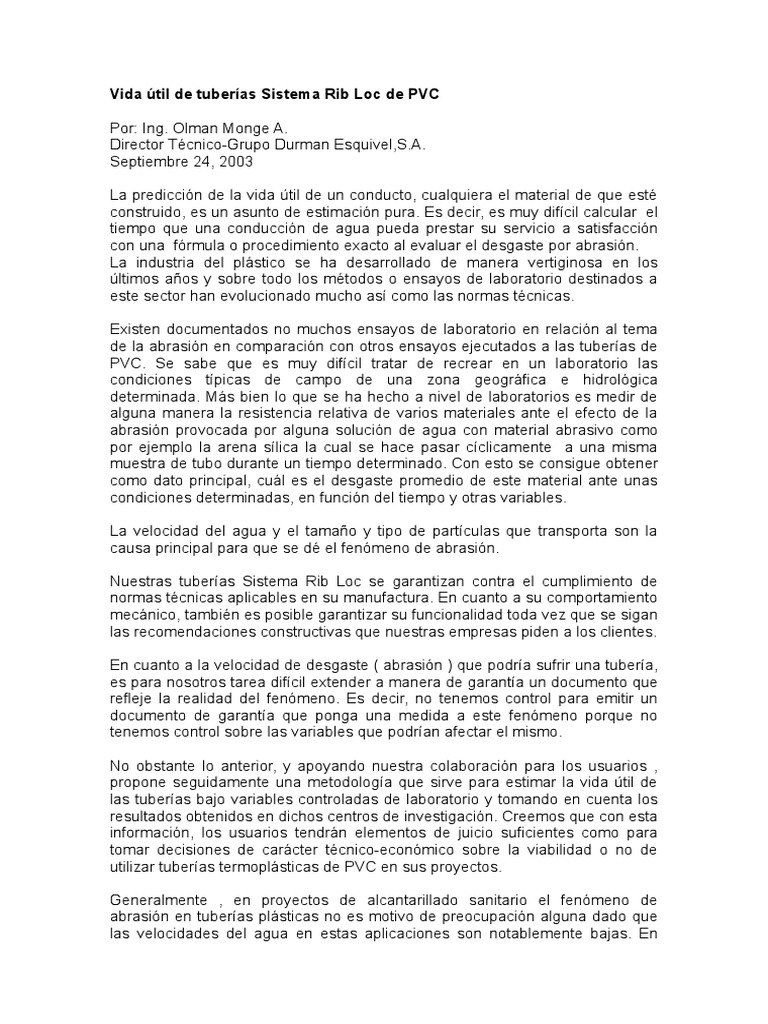 Vida Util Tuberías Rib Loc | PDF | Hora | Laboratorios
