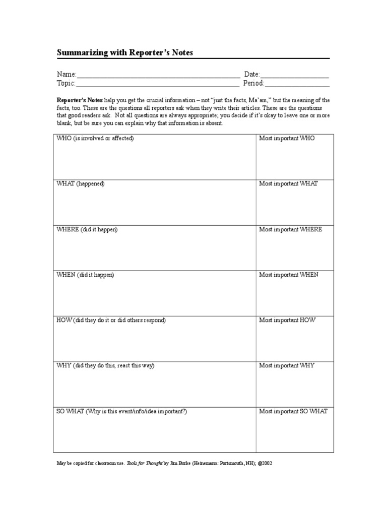 Summarizing With Reporters Notes | PDF | Cognition | Communication