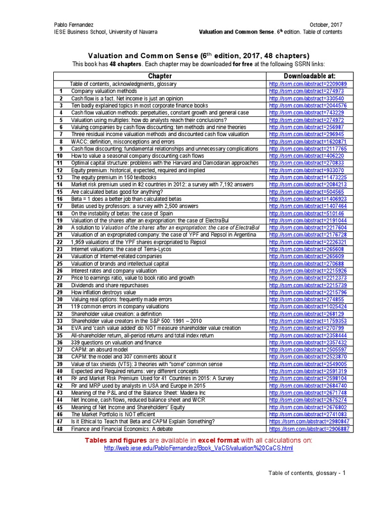 Table of Contents Valuation and Common Sense (6th Edition) | PDF | Beta ...