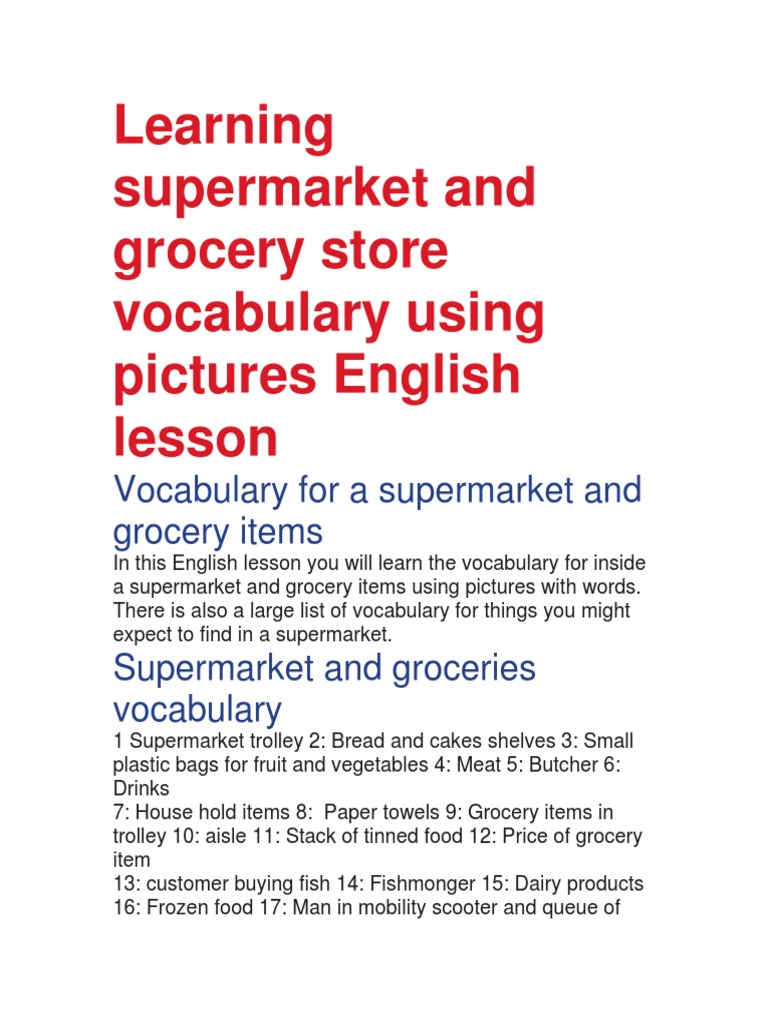 Supermarket Vocabulary Learning Guide | PDF | Supermarket | Grocery Store