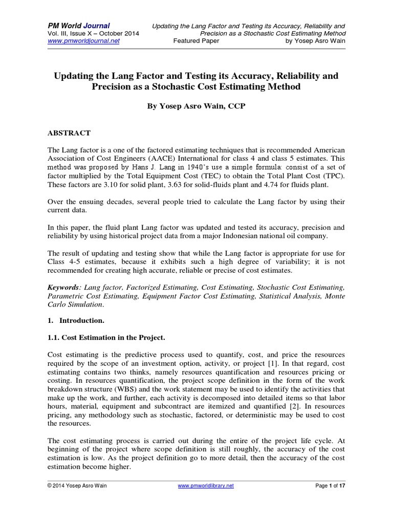 pmwj27 Oct2014 Wain Updating The Lang Factor Featured Paper PDF | PDF ...