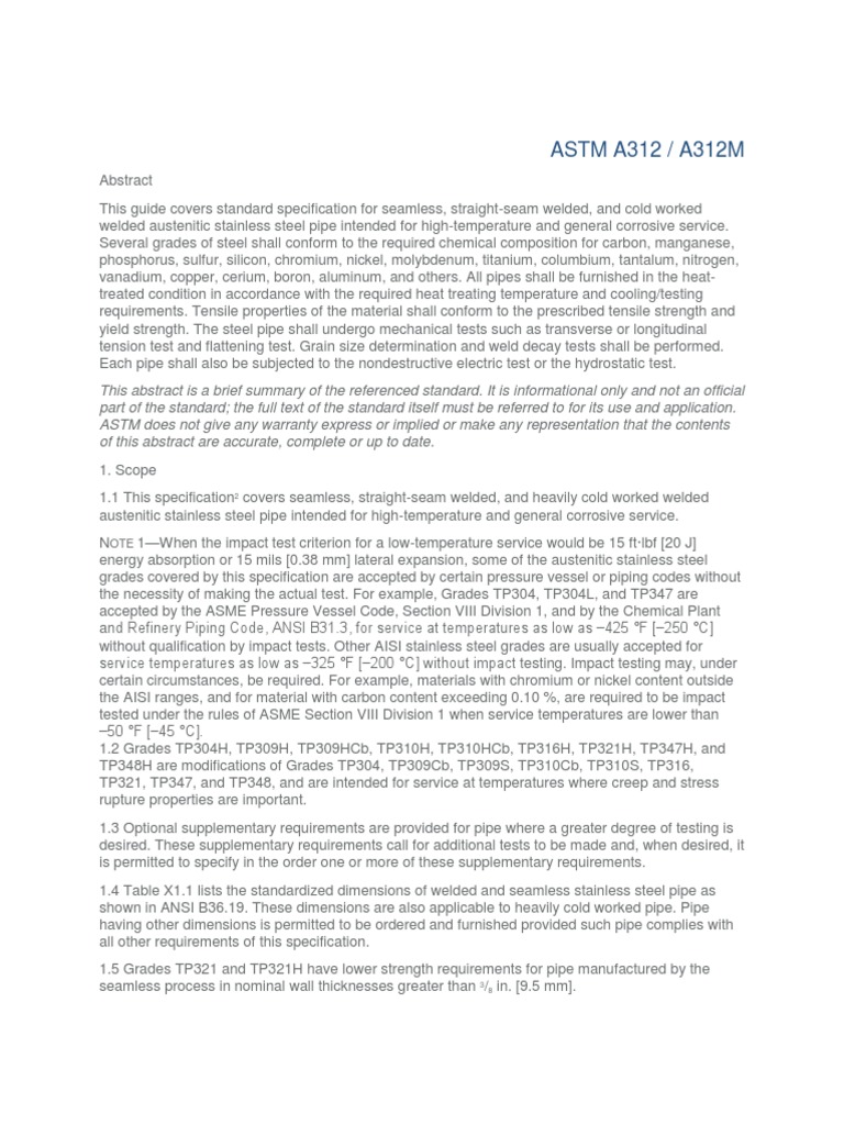 Astm A312 | PDF | Pipe (Fluid Conveyance) | Steel