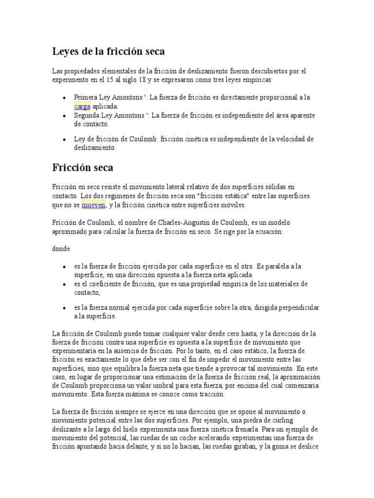 Las tres leyes fundamentales de la fricción seca y el modelo de Coulomb ...