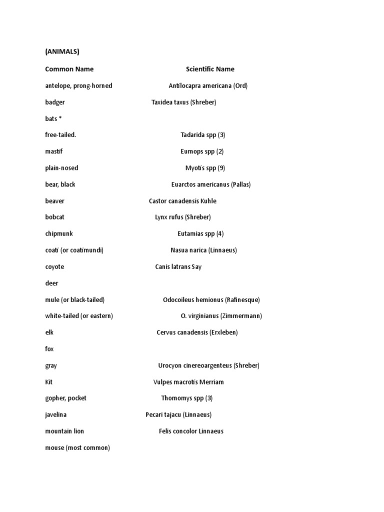 (Animals) Common Name Scientific Name | PDF | Science & Mathematics