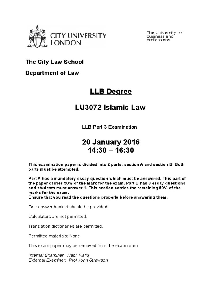 LLB Degree LU3072 Islamic Law: The City Law School Department of Law ...