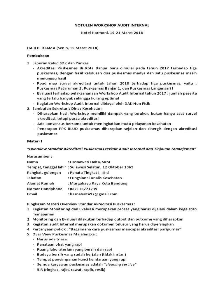 Notulen Workshop Audit Internal 2018 | PDF | Karier & Perkembangan | Bisnis