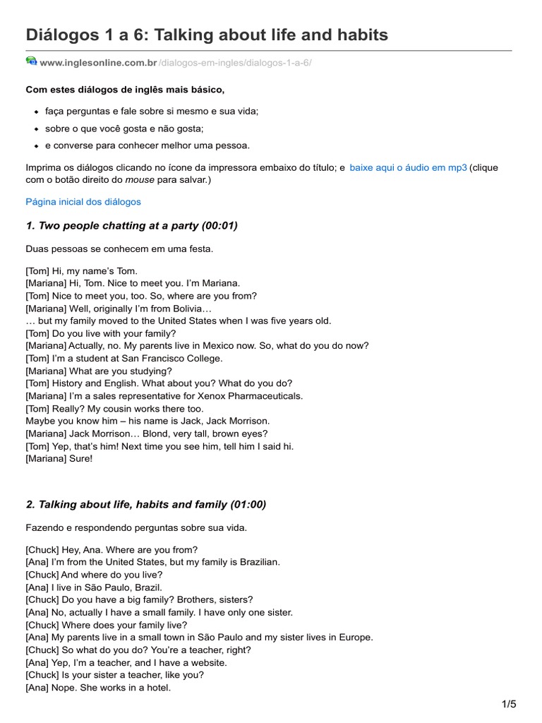 Diálogos 1 A 6 Talking About Life and Habits | PDF | Food And Drink ...