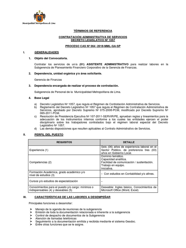 TDR 064 (01) Asistente Administrativo | PDF | Gobierno local | Gobierno