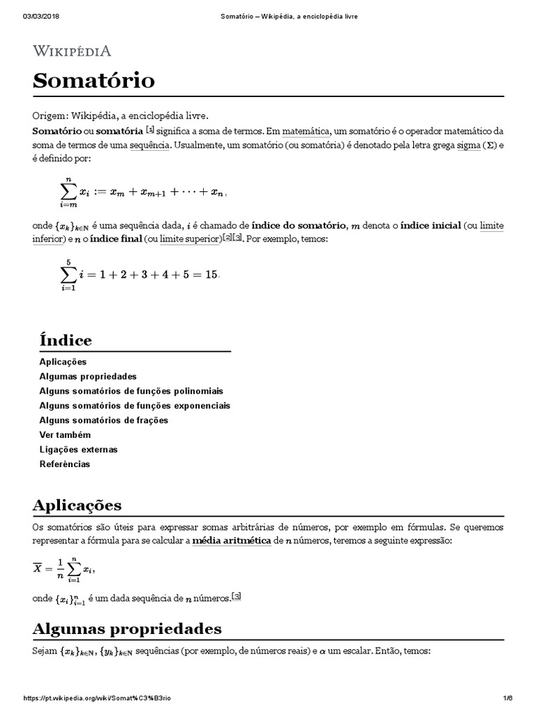 Somatório - Wikipédia, A Enciclopédia Livre | PDF | Somatório ...