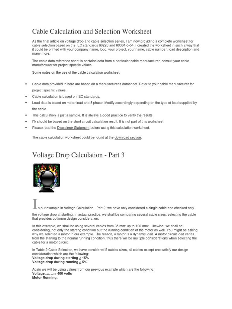 Cable Calculation and Selection Worksheet | Electrical Impedance ...