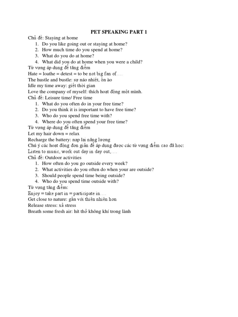 PET Speaking Part 1 (Cont) and Part 2 | PDF