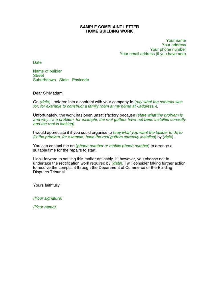 Sample Complaint Letter to Builder | PDF