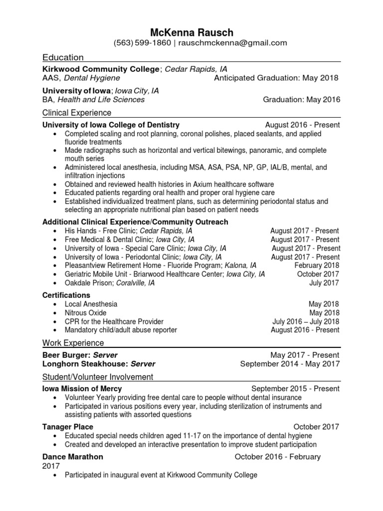 Mckenna Rausch DH Resume | Download Free PDF | Dental Hygienist | Dentistry