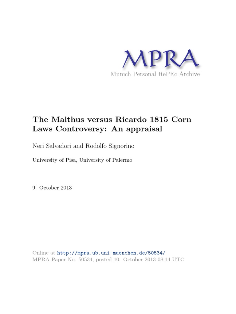The Malthus Versus Ricardo 1815 Corn Laws Controversy: An Appraisal ...