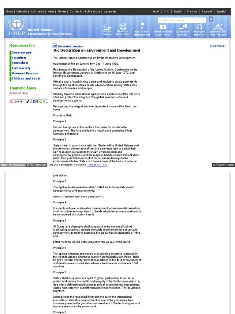 Rio Declaration On Environment and Development: Resources For | PDF ...