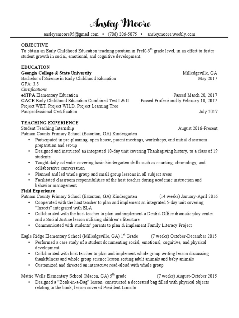 Ansley Moore Resume Revised Jan 2018 | PDF | Primary Education | Teachers