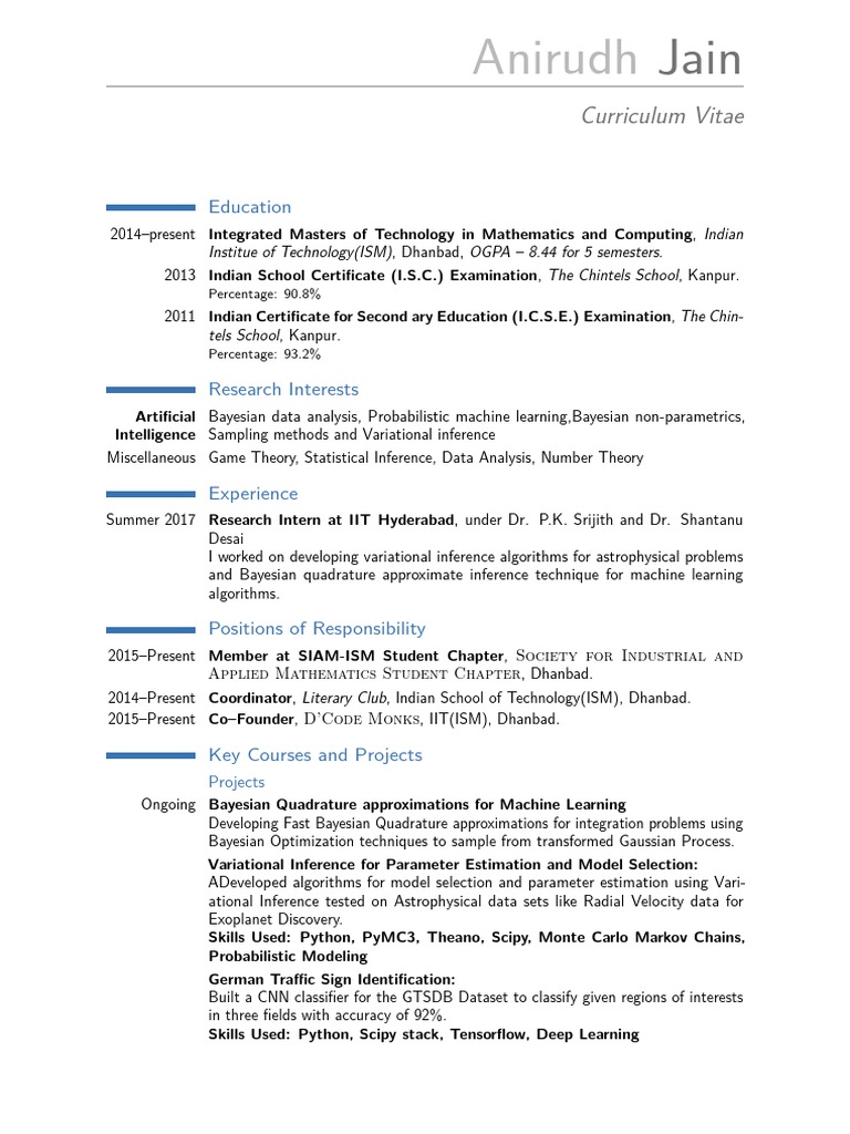 Anirudh Jain CV | PDF | Machine Learning | Statistical Inference