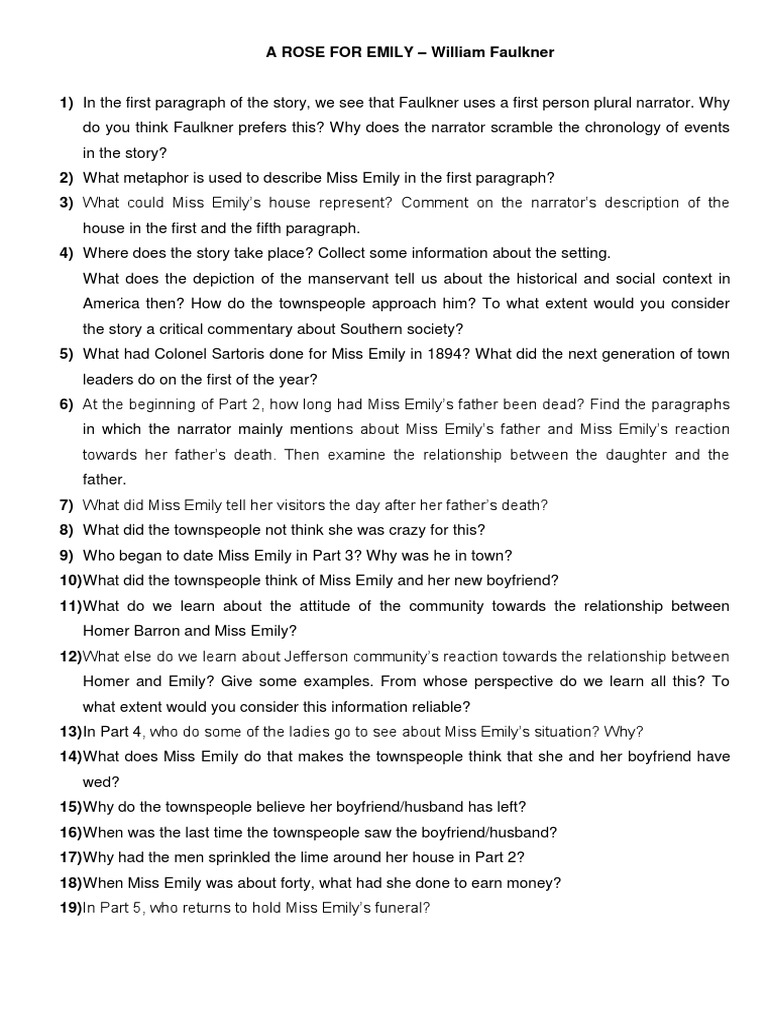 A Rose For Emily-William Faulkner (Questions With Answers) | PDF