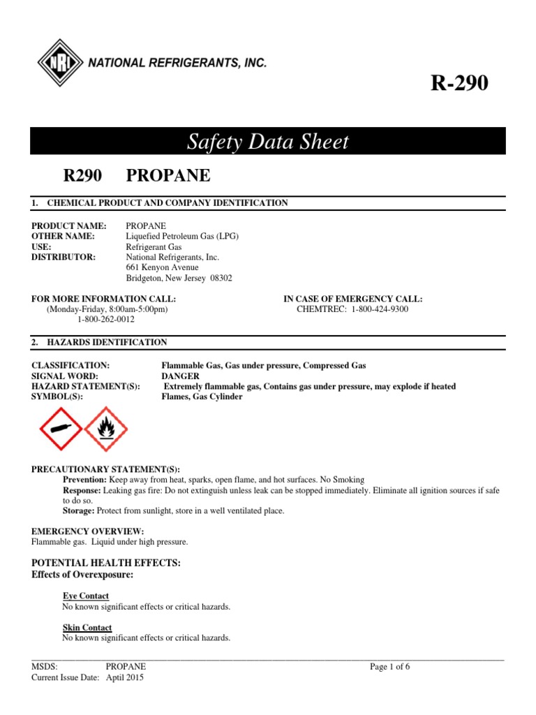 SDS R290 Propane | PDF | Propane | Toxicity