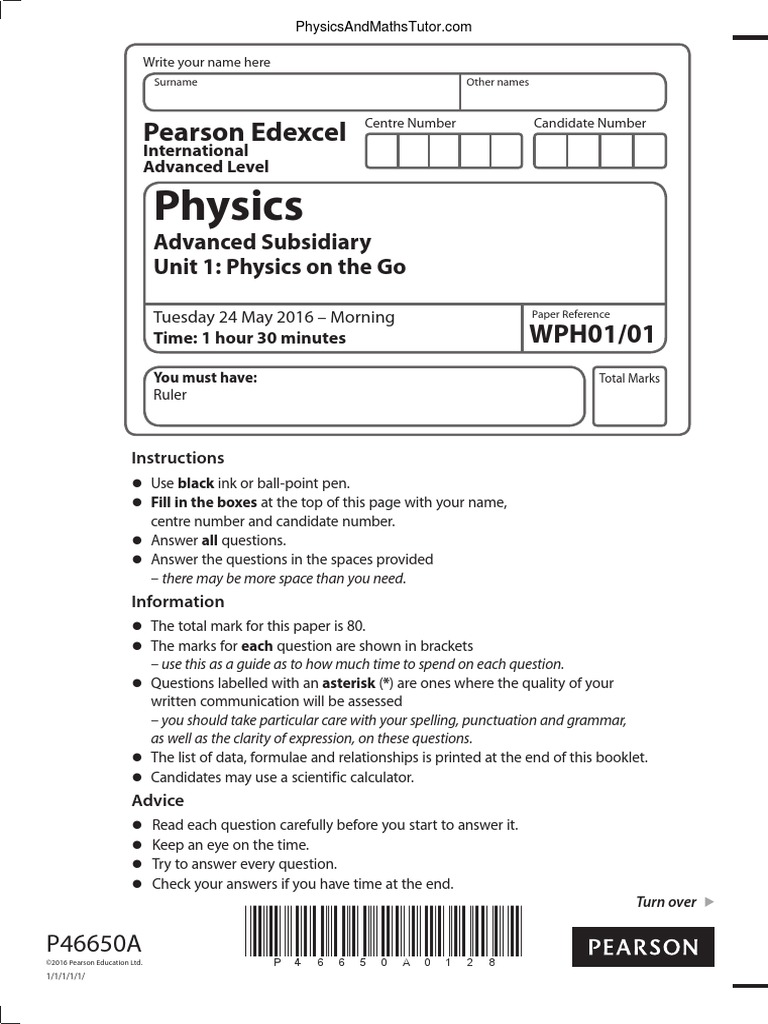 June 2016 (IAL) QP - Unit 1 Edexcel Physics A-Level | PDF | Applied And Interdisciplinary ...