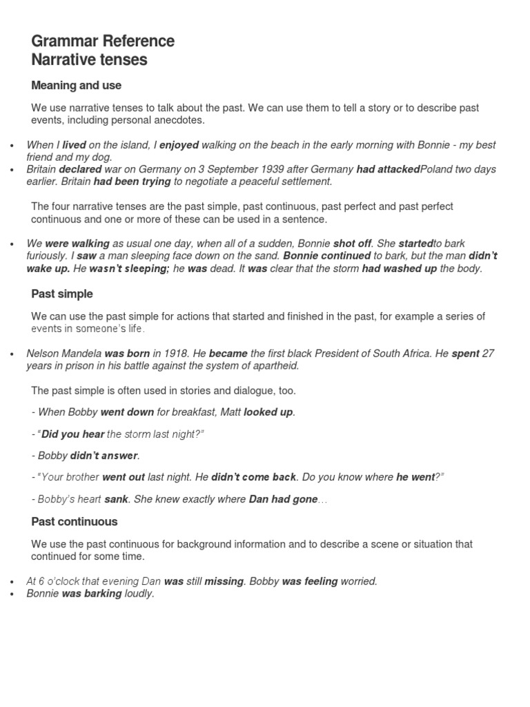 Grammar Reference Narrative Tenses | PDF