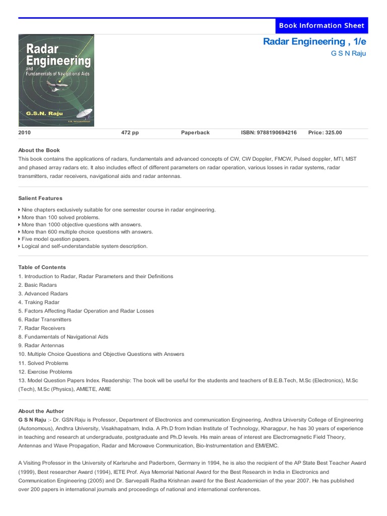 Radar Engineering, 1/e: Book Information Sheet Book Information Sheet ...