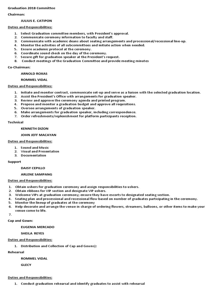 Graduation Committee Responsibilities 2018 | PDF | Students | Business