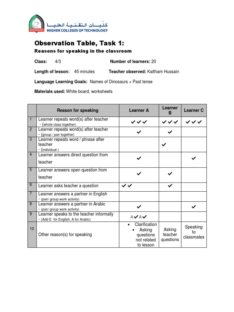 Observation Task 1 | PDF | Question | Teachers
