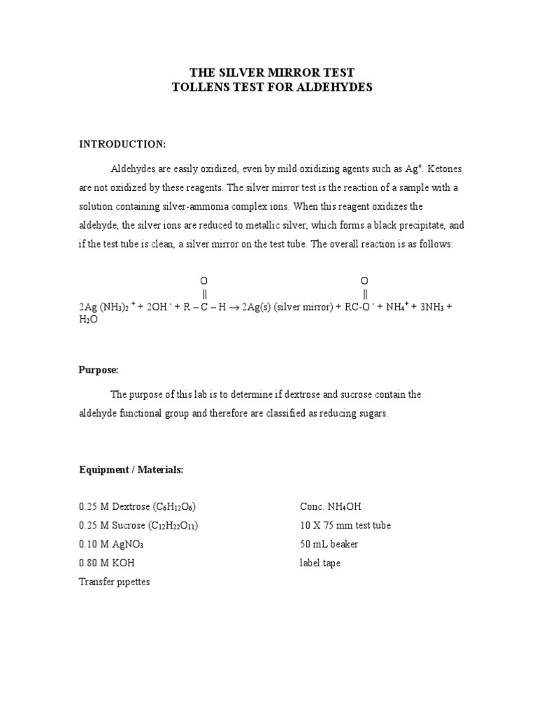 Silver Mirror Test - Tollens Test For Aldehydes | PDF | Molecules ...