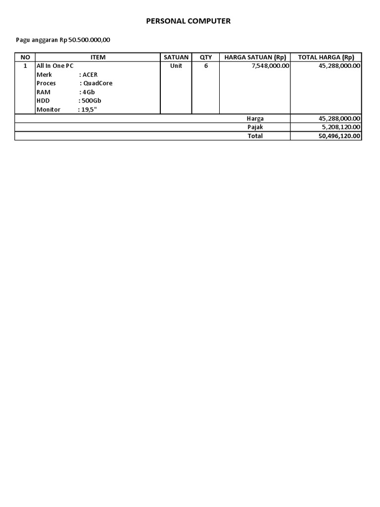 Personal Computer: NO Item Satuan QTY Harga Satuan (RP) Total Harga (RP ...