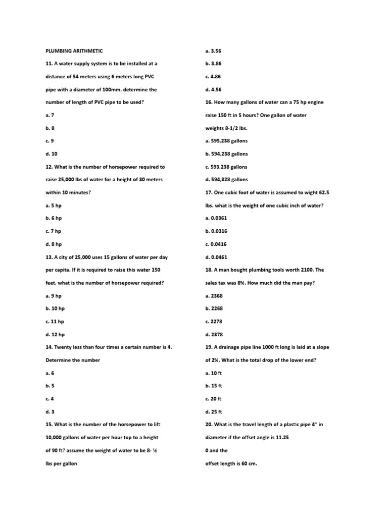 Plumbing Arithmetic 10-20 | Horsepower | Pipe (Fluid Conveyance)