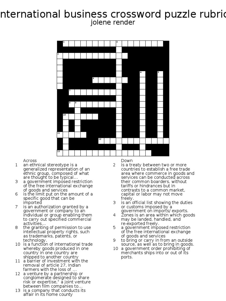 International Business Crossword Puzzle Rubric: Jolene Render ...