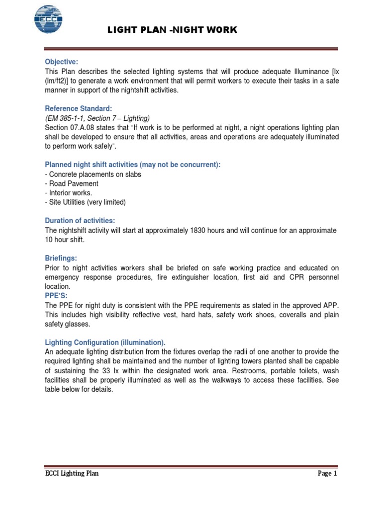 Light Plan - Night Work: Objective | PDF | Lighting | Light