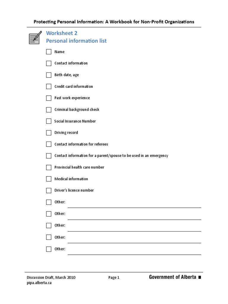 Worksheet 2 Personal Information List: Protecting Personal Information ...