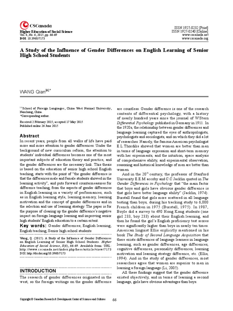 A Study of The Influence of Gender Differences On English Learning ...