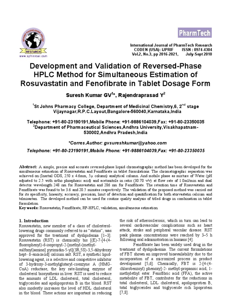 Development and Validation of Reversed-Phase HPLC Method For Simultaneous Estimation of ...