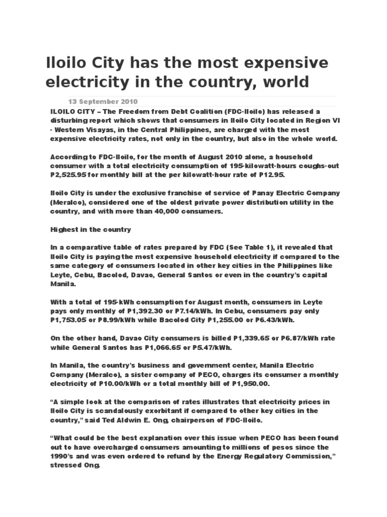 Iloilo City Has The Most Expensive Electricity in The Country | PDF ...