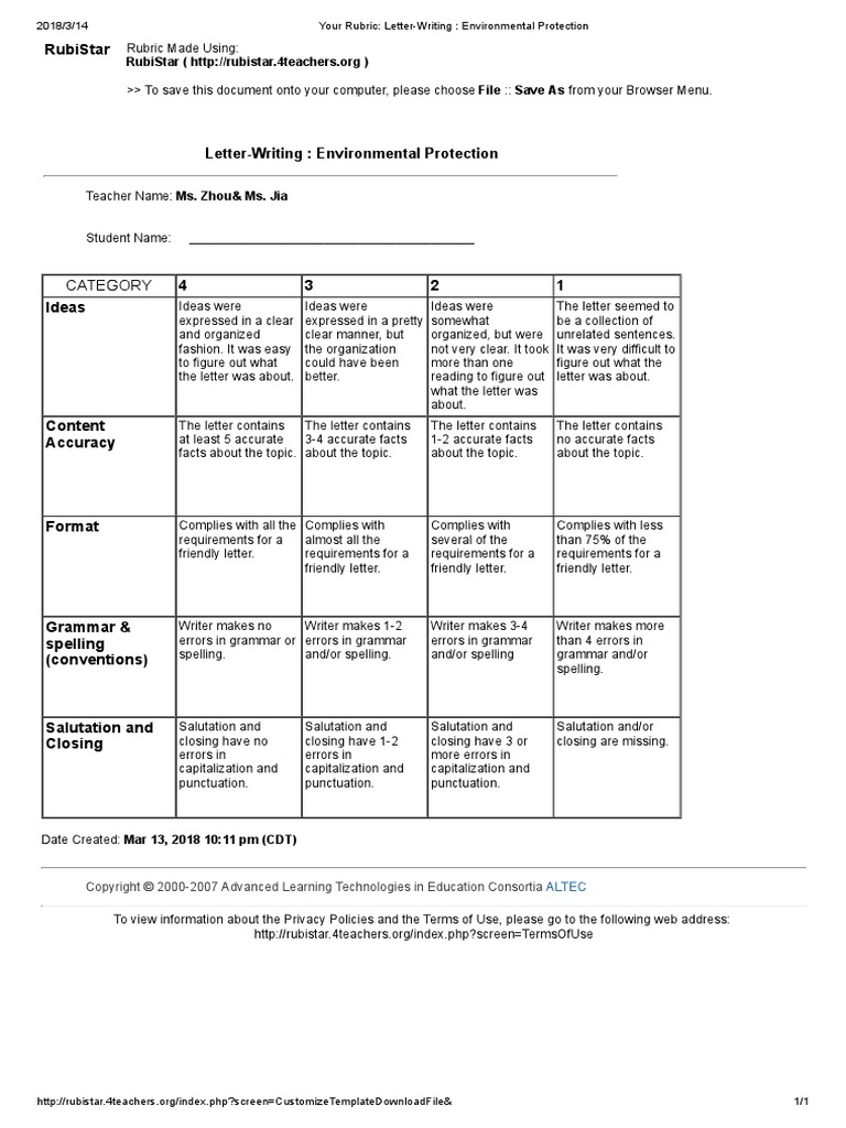 Your Rubric Letter-Writing Environmental Protection | PDF | Rubric ...