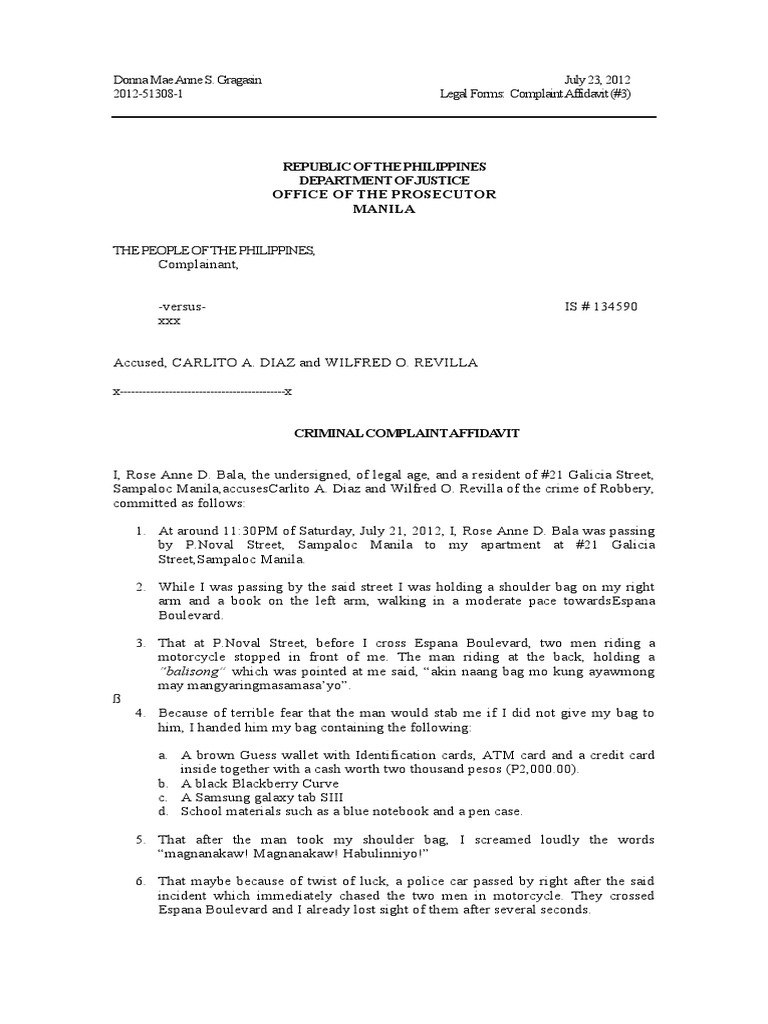 Sample For Complaint Affidavit | PDF | Prosecution | Violence