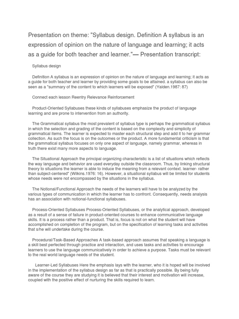 Definition Syllabus Design | PDF | Learning | Teachers