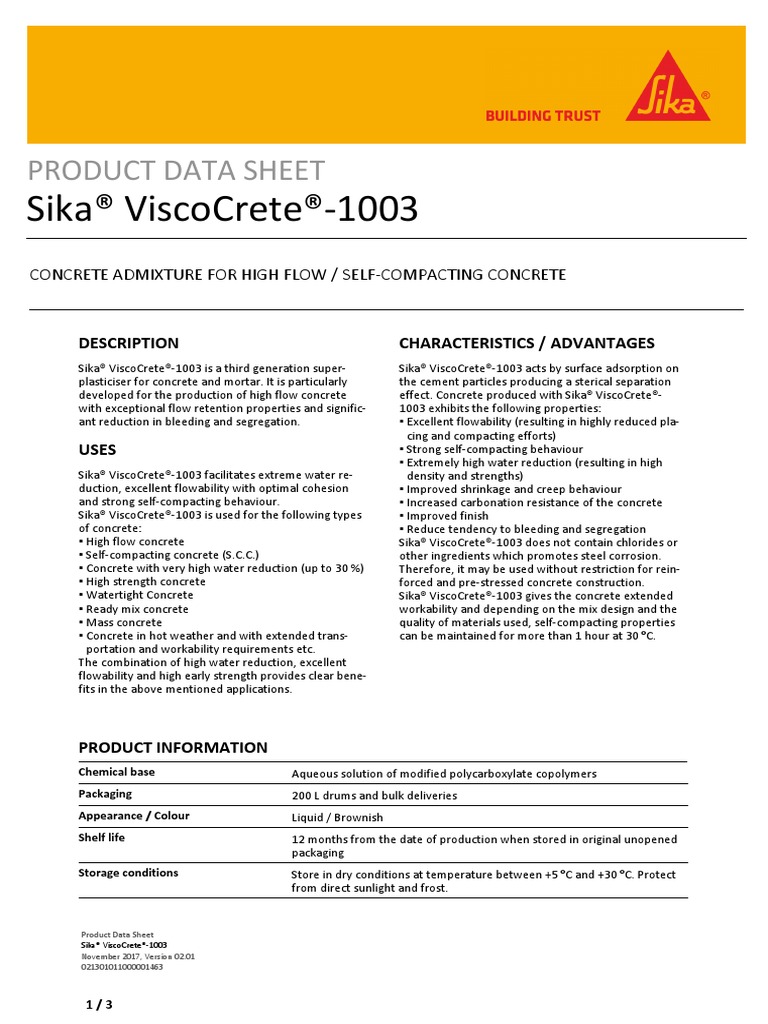 Sika Viscocrete 1003 Pds en | PDF | Concrete | Chemical Substances