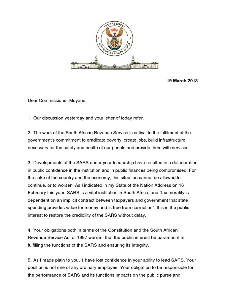 Ramaphosa Letter To Moyane | PDF | Public Finance | Taxes