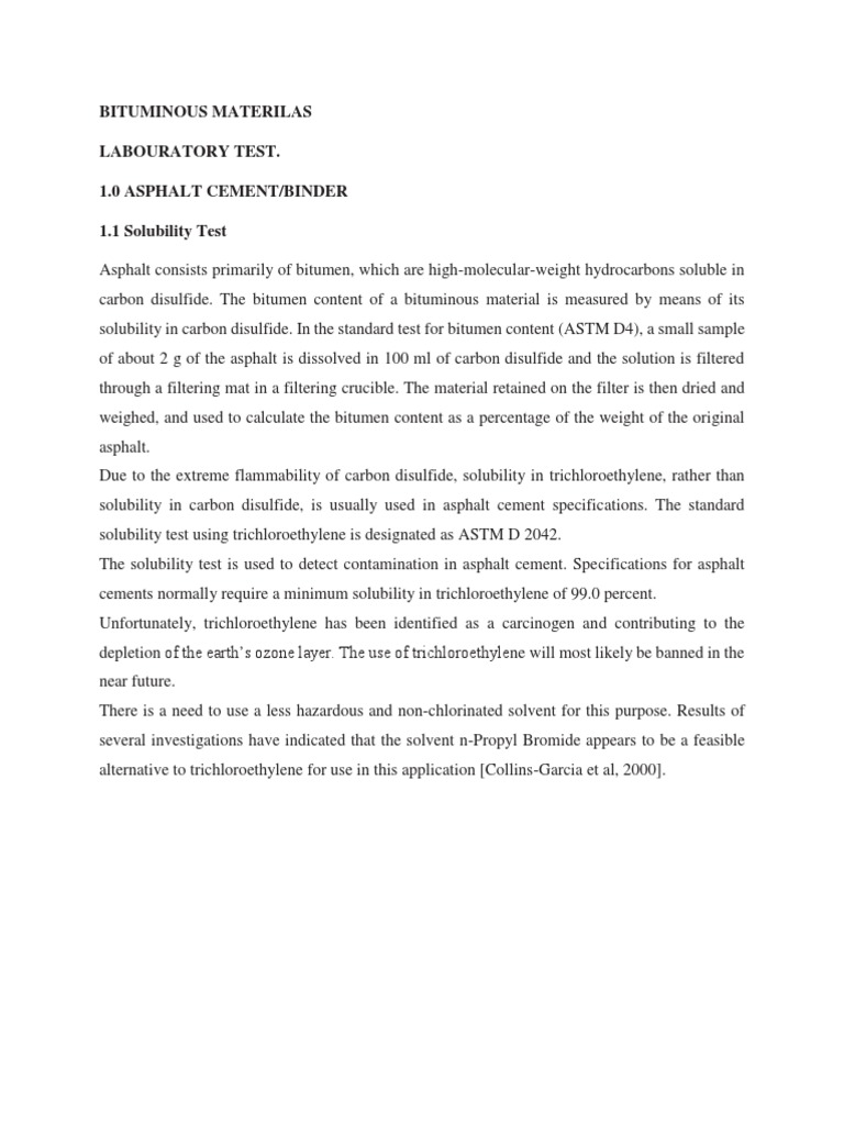 Bituminous Materilas Labouratory Test. 1.0 Asphalt Cement/Binder 1.1 ...