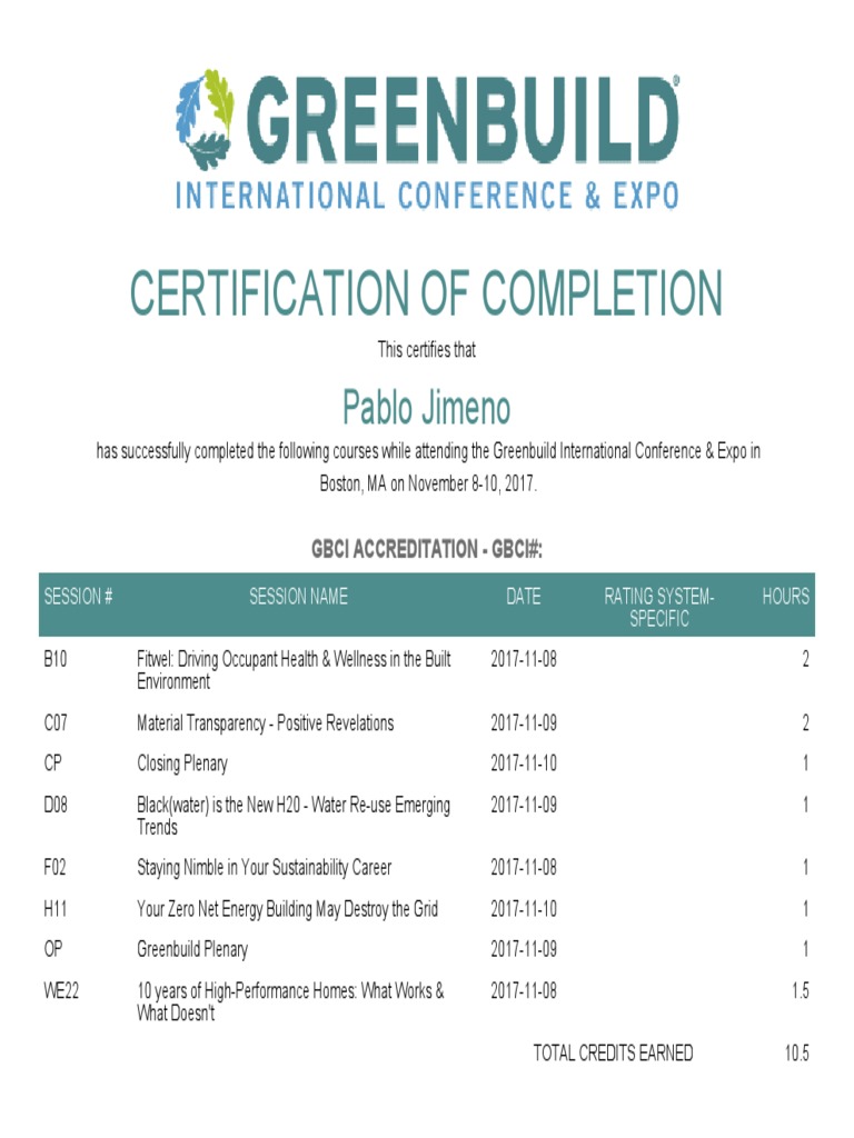 Certification of Completion for Greenbuild 2017 | PDF | Business ...