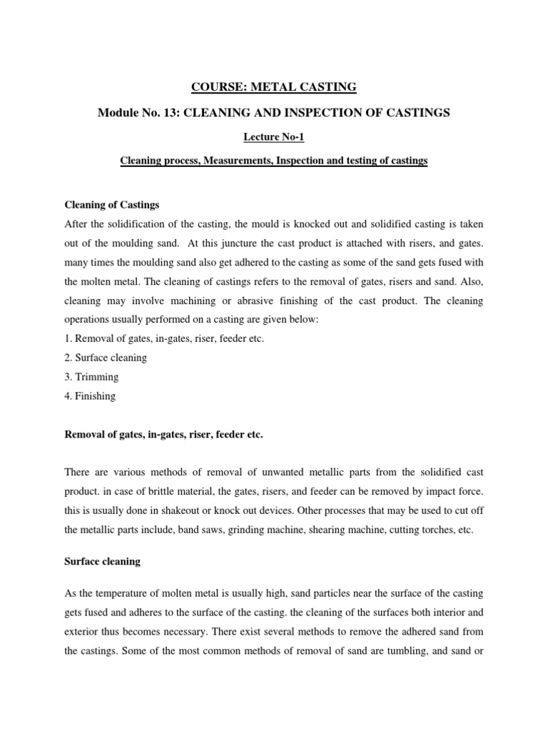 Course: Metal Casting Module No. 13: Cleaning and Inspection of ...